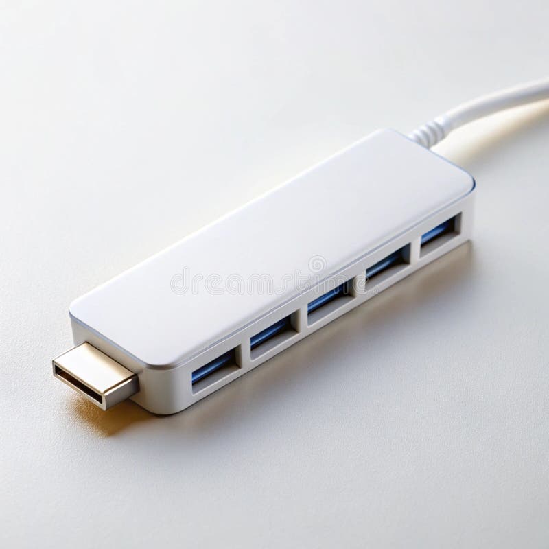 White USB Hub with Several USB Ports and a USB Type C Connector, Device ...