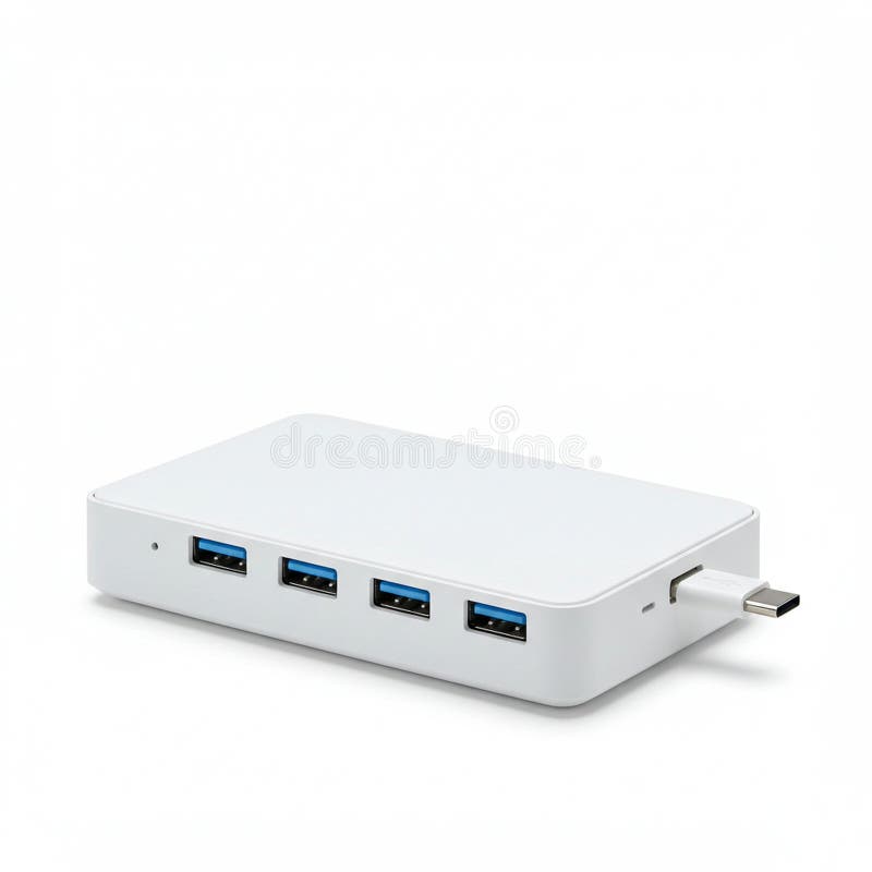 A White USB Hub with a Sleek Rectangular Design Features Four USB Ports ...