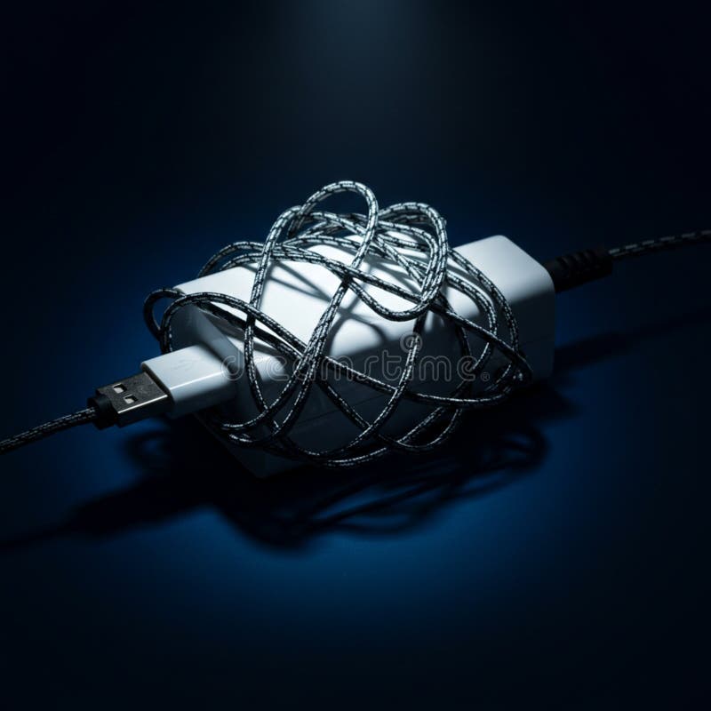 A White USB Wall Charger is Entwined with a Tangled Silver Braided ...