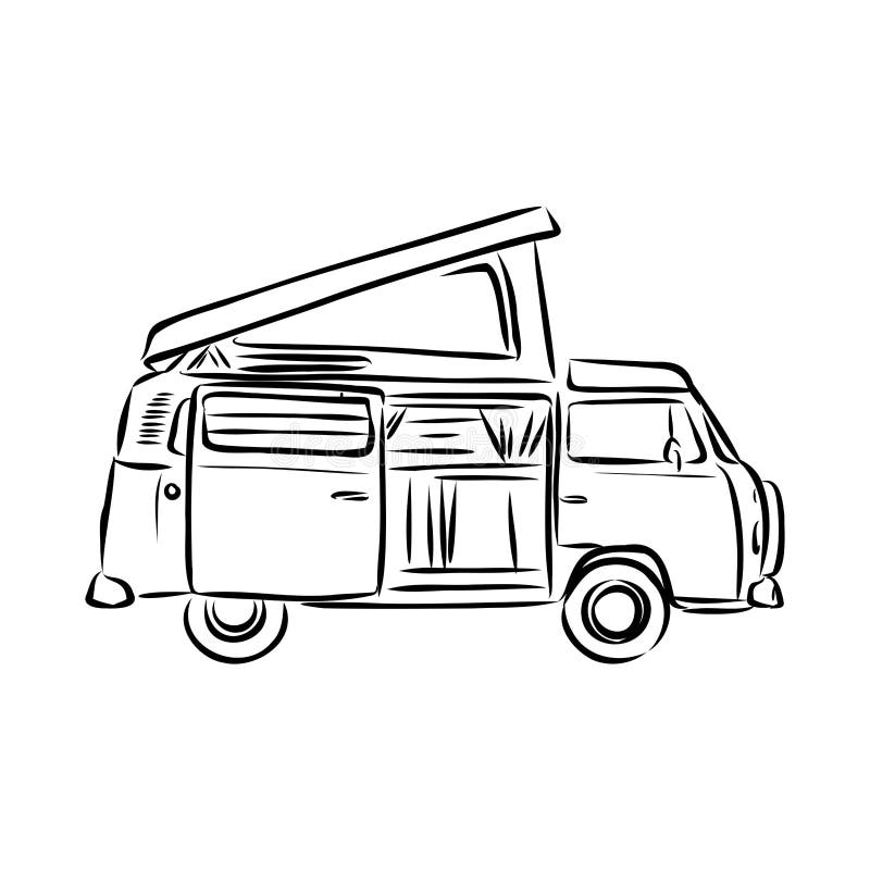 White Van with Black Outline Isolated on White Background. Vector ...