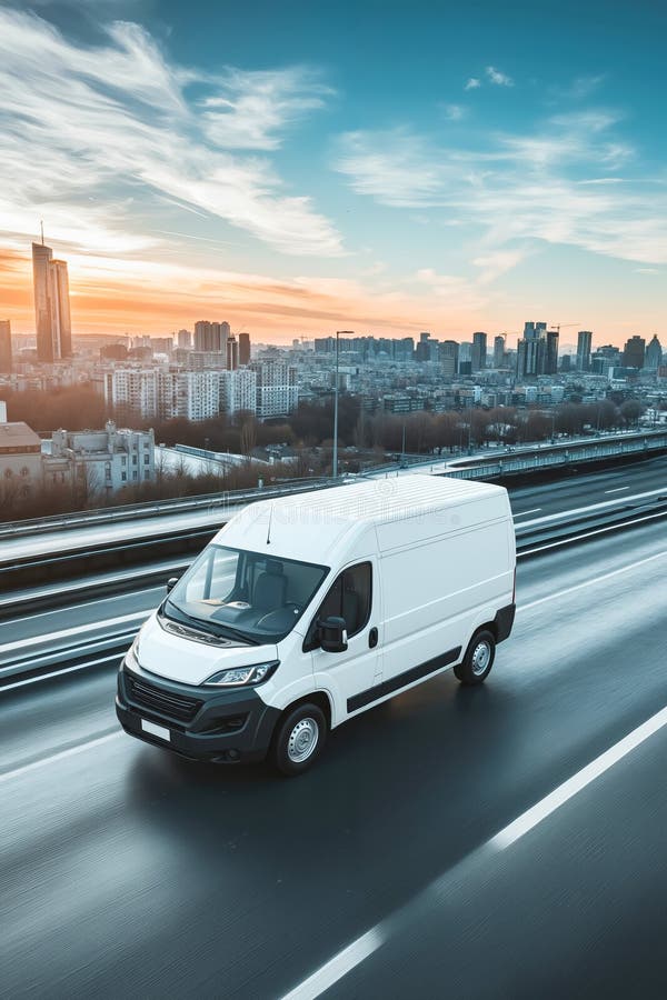 A White Van Driving Down a Highway with a City in the Background Stock ...