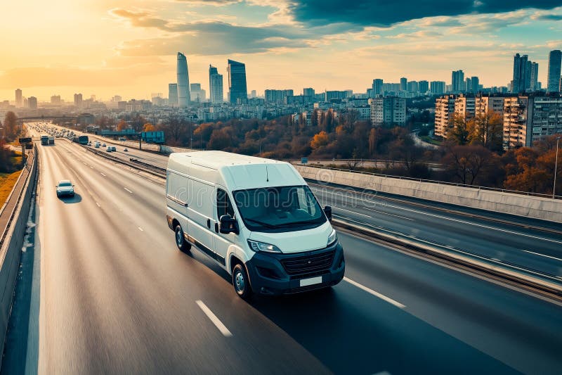 A White Van Driving Down a Highway with a City in the Background Stock ...