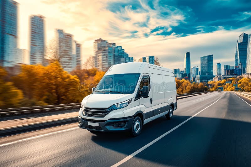 A White Van Driving Down a Highway with a City in the Background Stock ...