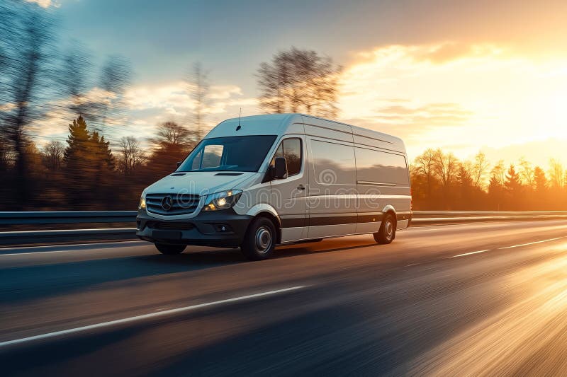 A White Van Driving Down a Highway at Sunset Stock Photo - Image of ...