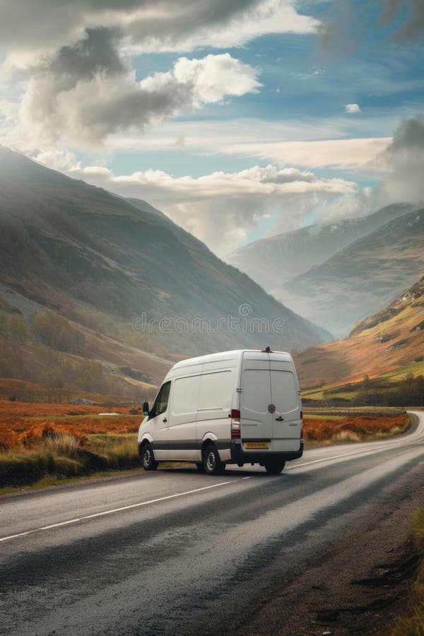 White Van Driving Down Road Suitable Transportation Concepts Stock ...
