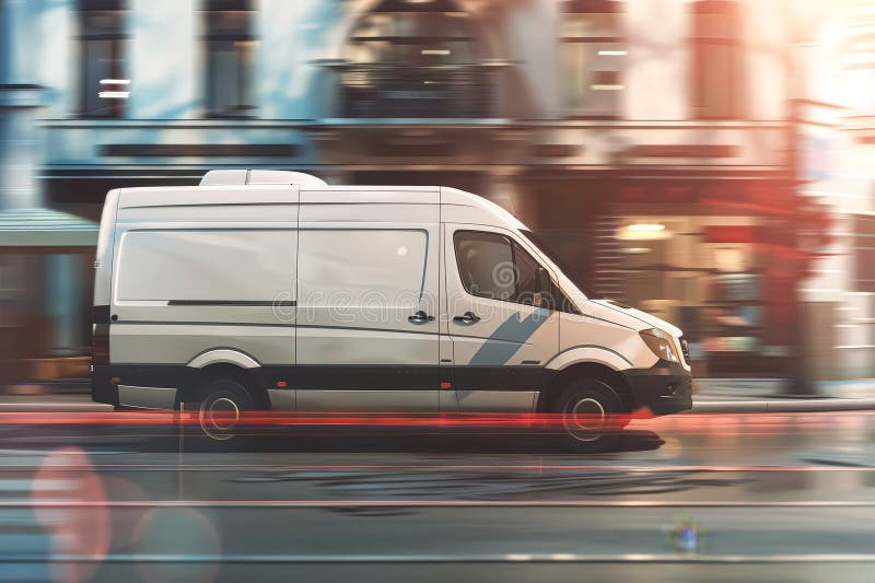 A White Van is Driving Down a Street at Night. Stock Image - Image of ...
