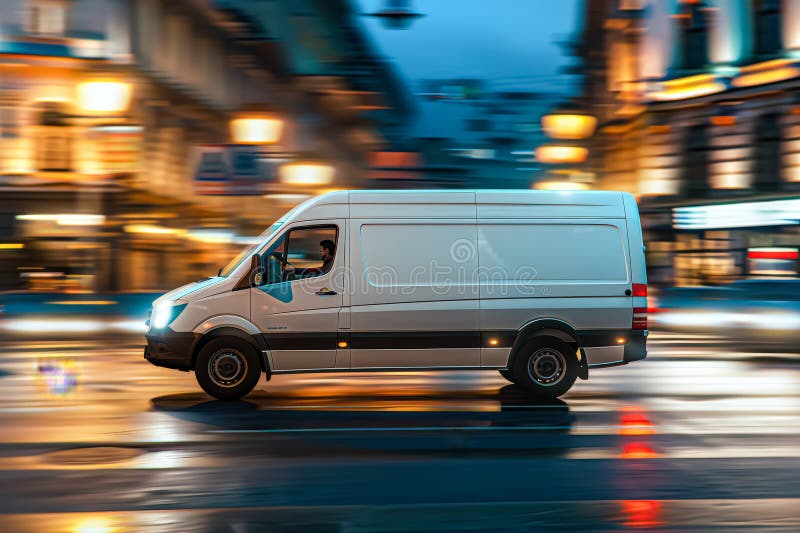 A White Van is Driving Down a Street at Night Stock Photo - Image of ...
