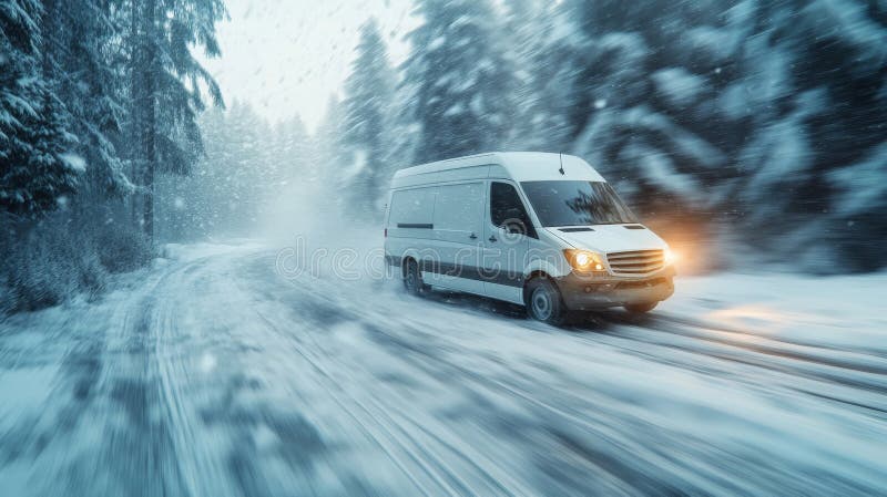 A White Van Driving through a Snowstorm. Generative AI. Stock ...