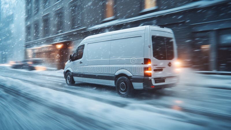A White Van Driving through a Snowstorm. Generative AI. Stock ...