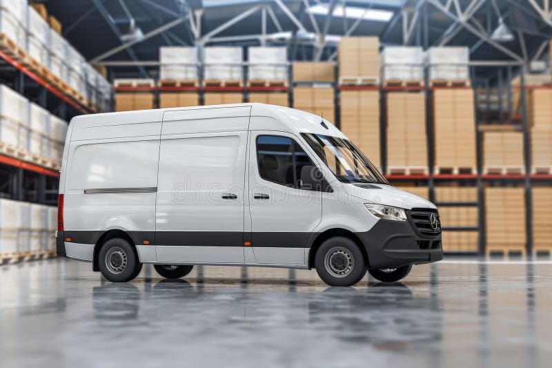 A White Van Inside a Warehouse with Shipping Boxes Stock Image - Image ...
