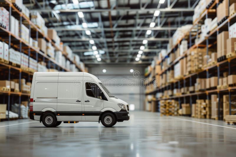 A White Van Inside a Warehouse with Shipping Boxes Stock Image - Image ...