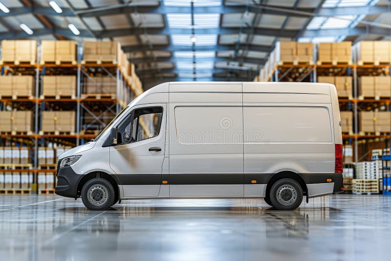 A White Van Inside a Warehouse with Shipping Boxes Stock Photo - Image ...