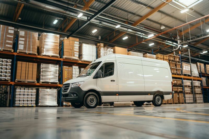 A White Van Inside a Warehouse with Shipping Boxes Stock Image - Image ...