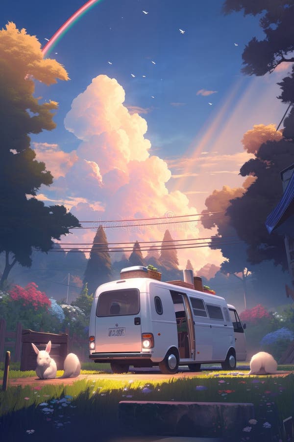 A White Van is Parked in Front of a House with a Rainbow in the Sky ...