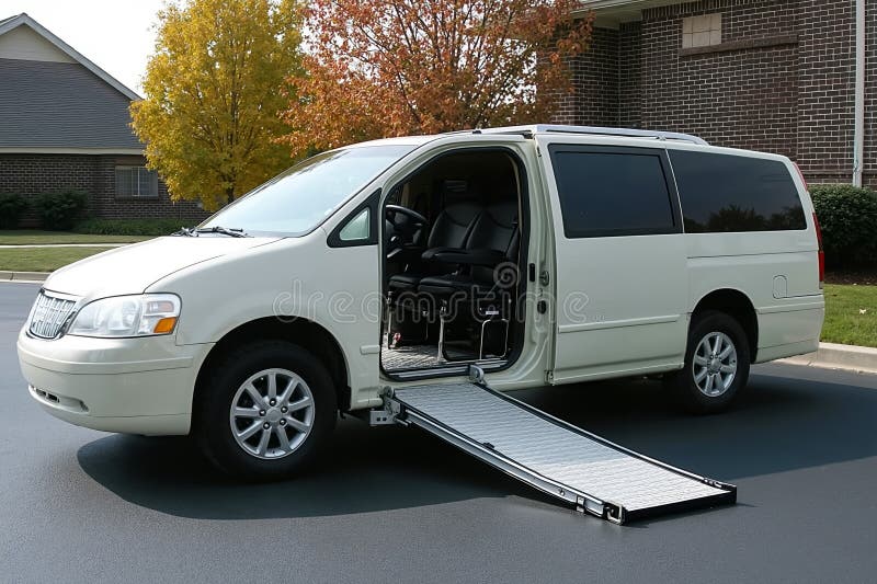 A White Van with a Ramp Attached To the Side of it Stock Image - Image ...