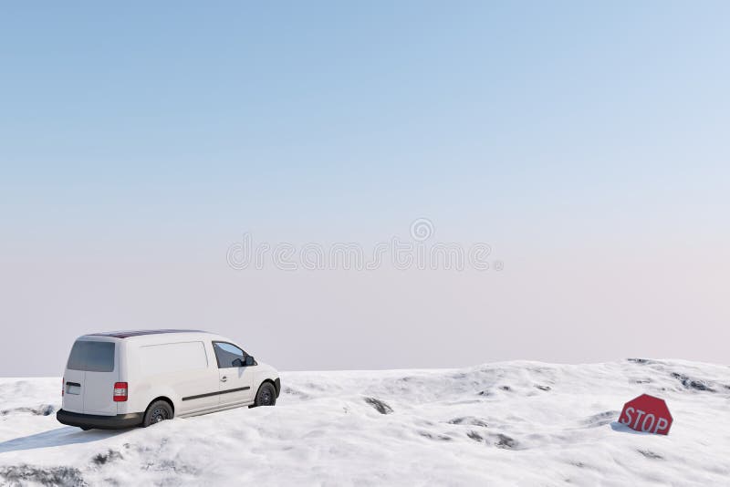 White Van in a Snowy Landscape with a Stop Sign Stock Photo - Image of ...