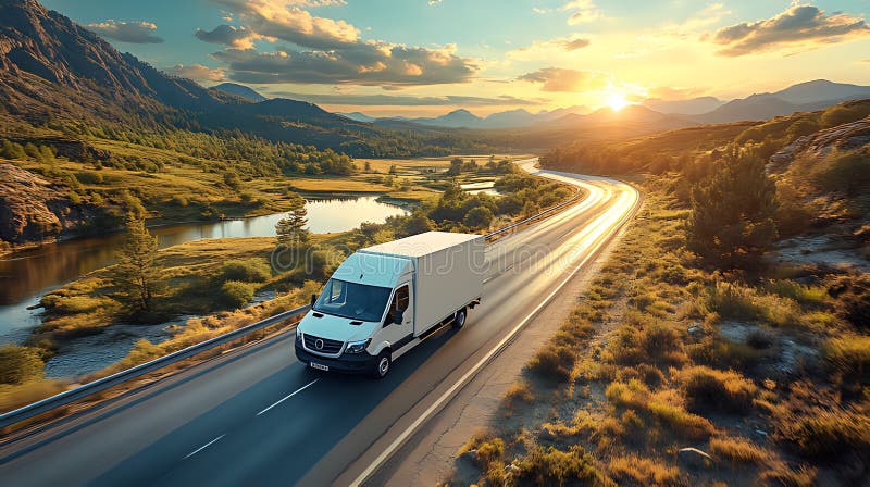 White Van Speeding Scenic Mountain Highway Sunset Stock Illustration ...