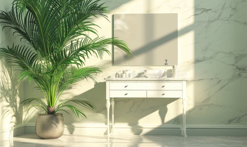 White Vanity Table and Palm Tree Wall Stock Illustration - Illustration ...