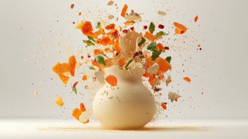 A White Vase with Orange and Green Pieces Exploding from it. Stock ...