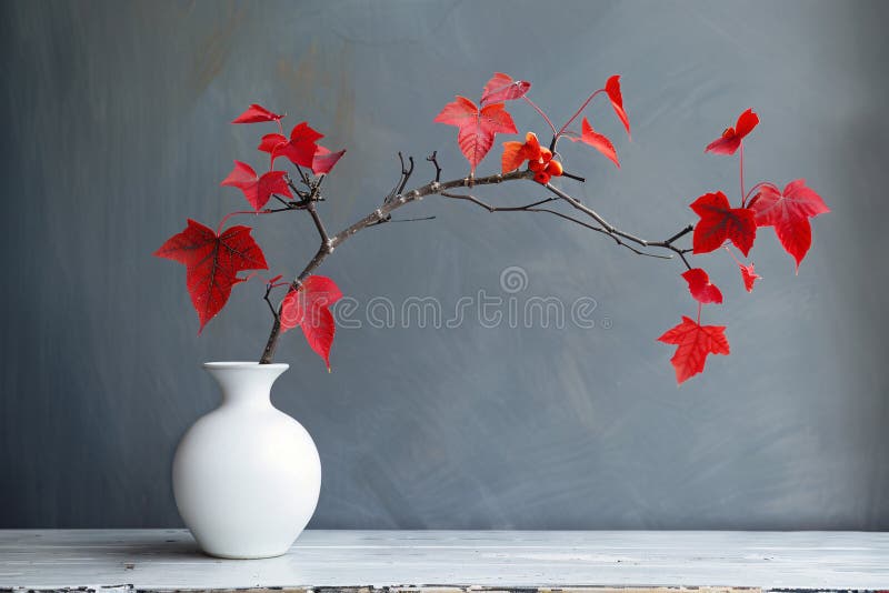 White Vase with Tree Branch with Red Autumn Leaves Stock Illustration ...