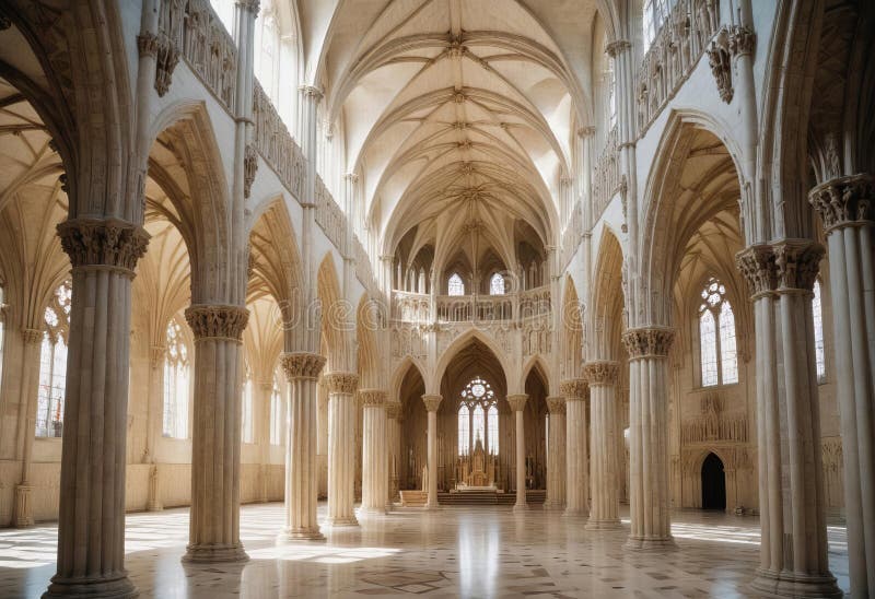 The White Vaulted Ceiling in the Style of Gothic, White Columns Stock ...