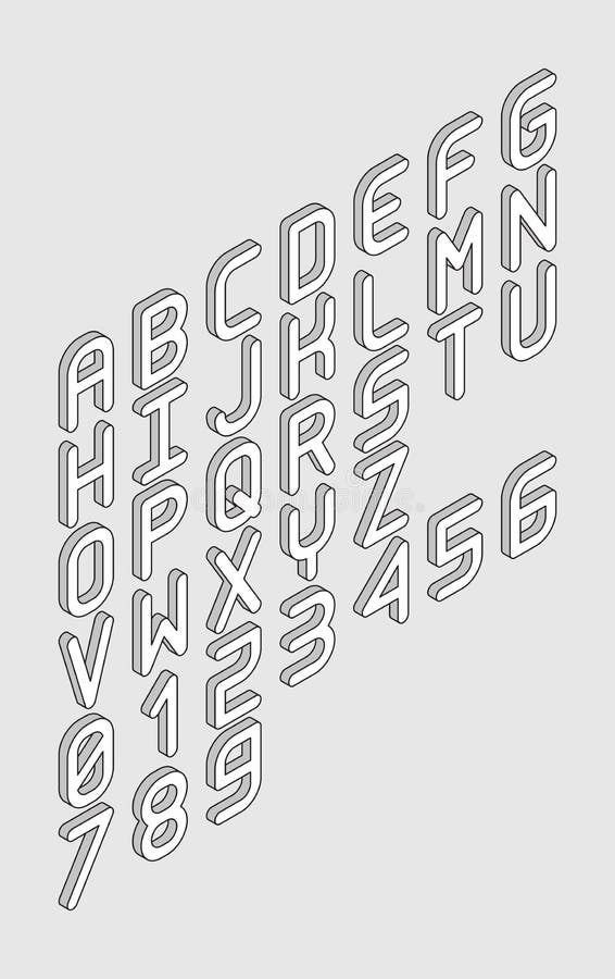 White Vertical Isometric Font Alphabet from Left Side in Thin Line ...