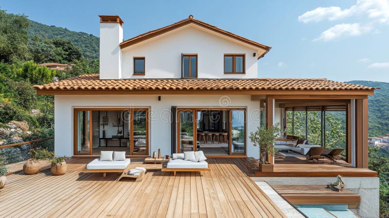 White Villa with Wooden Deck and Mountain View Stock Illustration ...