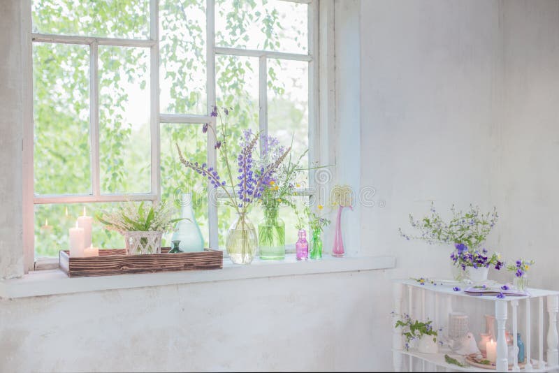 Vintage Interior with Flowers Stock Image - Image of bench, holiday ...