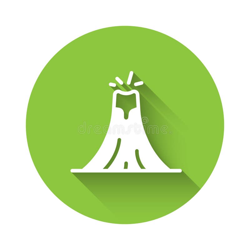 White Volcano Eruption with Lava Icon Isolated with Long Shadow Background. Green Circle Button ...