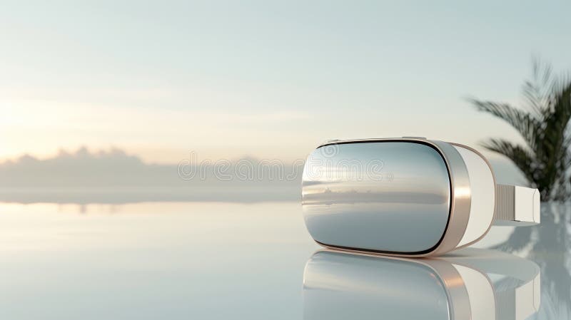 A White VR Headset on a Reflective Surface with a Serene Beach Scene ...