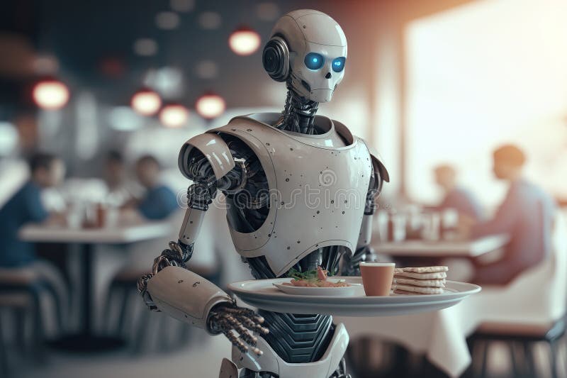White Waiter Robot Carrying a Breakfast on a Restaurant. Artificial ...