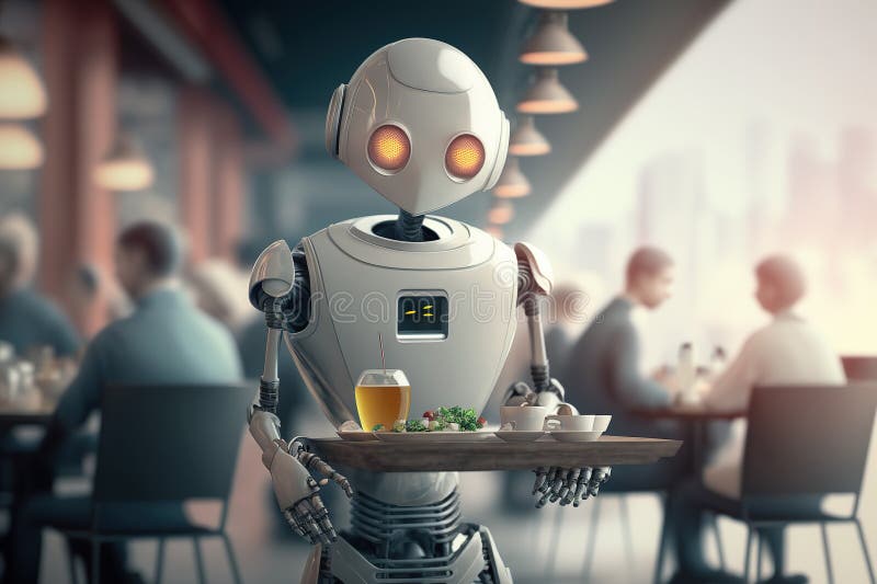 White Waiter Robot Carrying a Tray with Food on a Restaurant ... White Waiter Robot Carrying a Tray with Food on a Restaurant ...