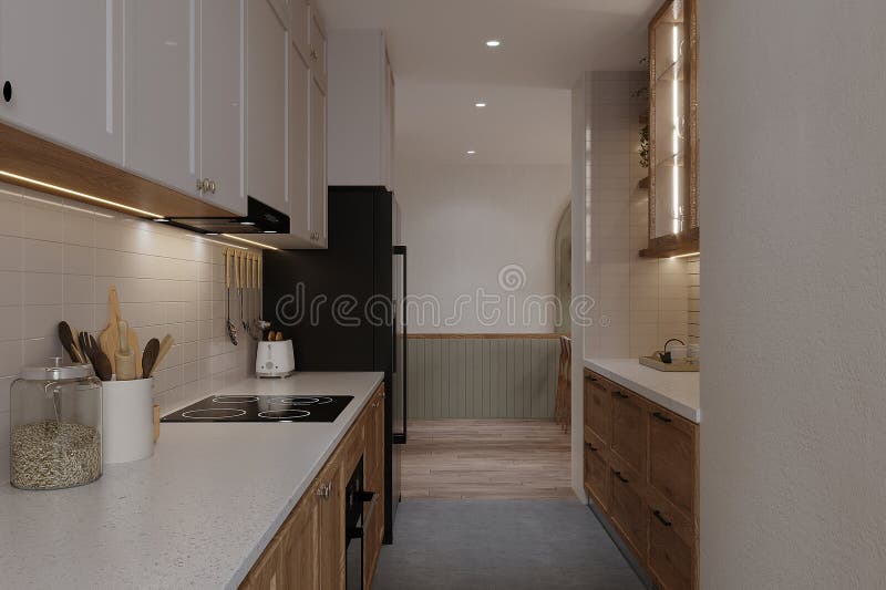 White Wall and Cabinet, Modern Stuff into Tiny Kitchen Stock Photo ...