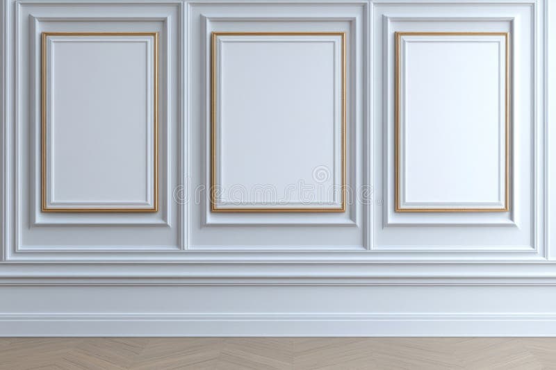 White Wall with Classic Rectangular Panels and Gold Trim. Luxurious ...