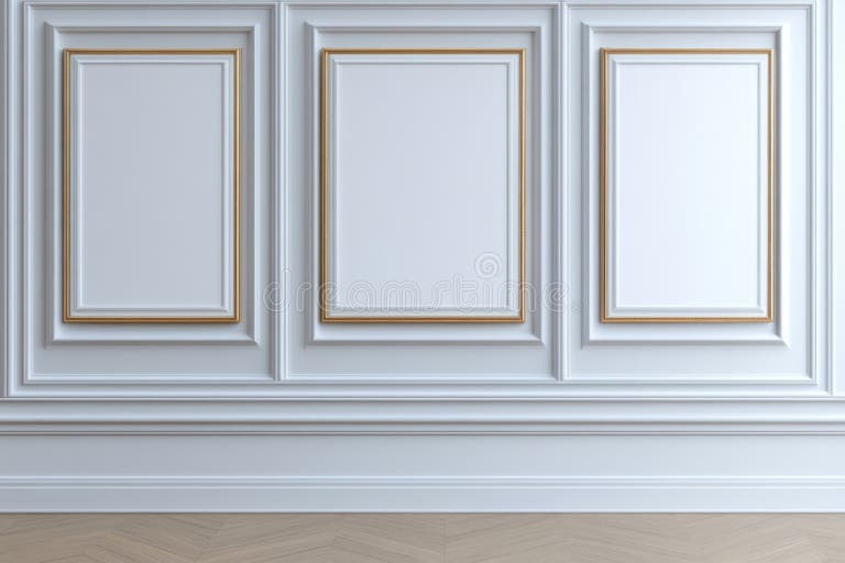 White Wall with Classic Rectangular Panels and Gold Trim. Luxurious ...