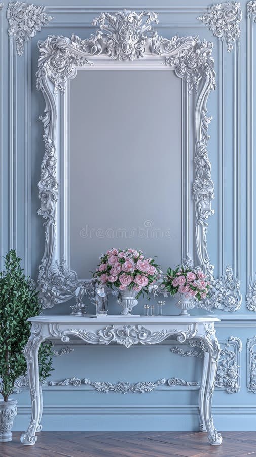 On a White Wall with Classical Decor, an Ornate Detailed Picture Frame ...