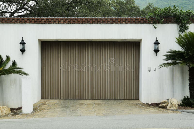 White Wall with Closed Gates and Palms. Exterior Design Stock Photo ...