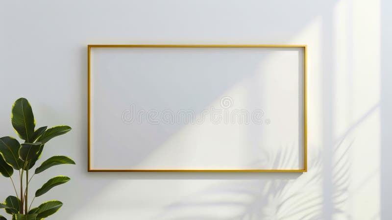 A White Wall with a Gold Frame and Plant Stock Image - Image of ...