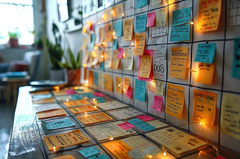 A Grid of Colorful Sticky Notes with String Lights in a Modern Office ...