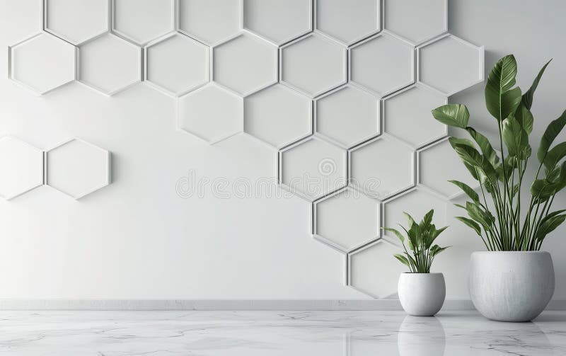 White Wall with Hexagon Pattern and Green Plants in Pots Stock ...