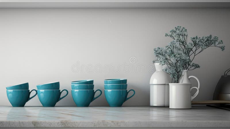 White Wall in Minimalistic Kitchen Interior with Blue Cups in a Row ...