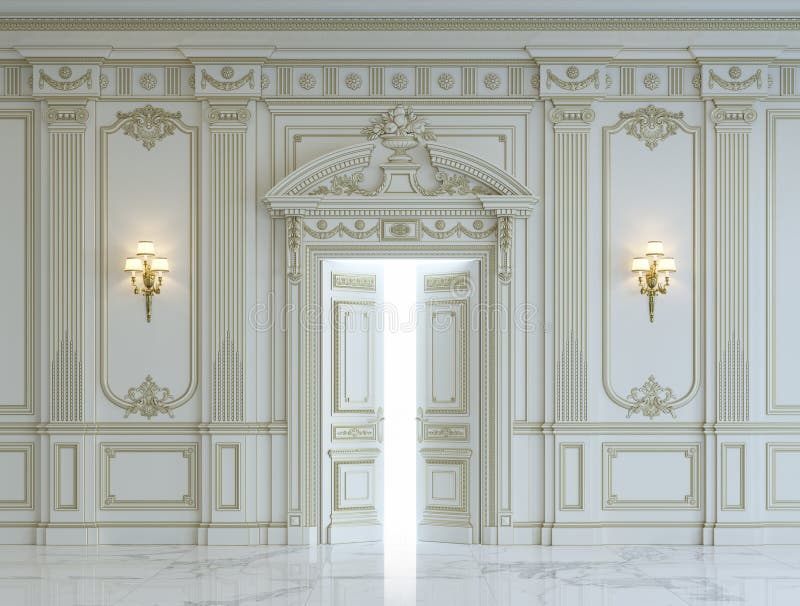 White Wall Panels in Classical Style with Gilding. 3d Rendering Stock ...