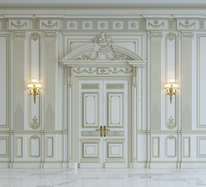 White Wall Panels in Classical Style with Gilding. 3d Rendering Stock ...