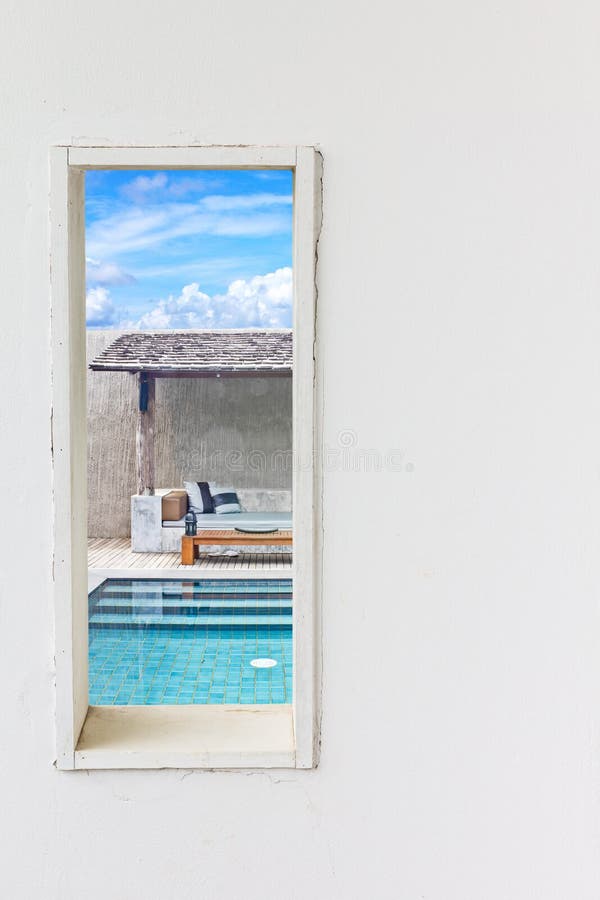 White Wall Window with Swimming Pool View. Stock Image - Image of ...