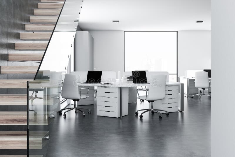 White Panoramic Office Interior, Stairs Front View Stock Illustration ...
