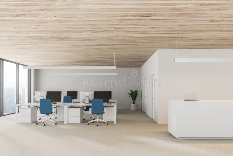 Wood Ceiling Open Space Office Interior, Reception Stock Illustration ...