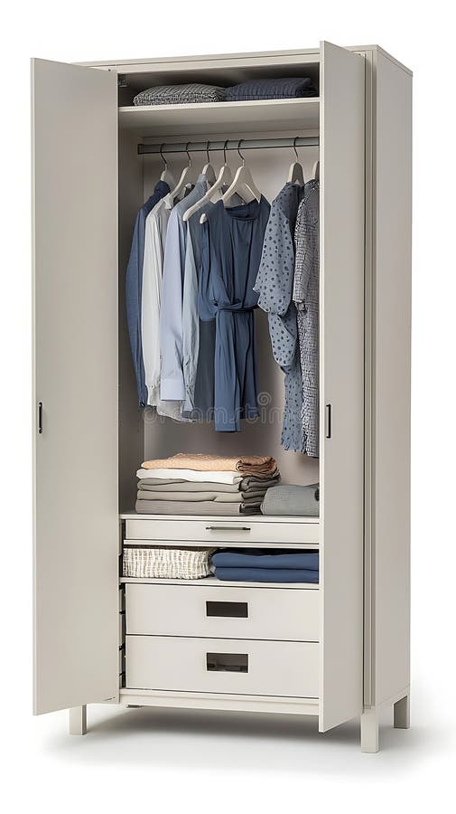 A White Wardrobe with Blue Clothes Hanging on it Stock Photo - Image of ...