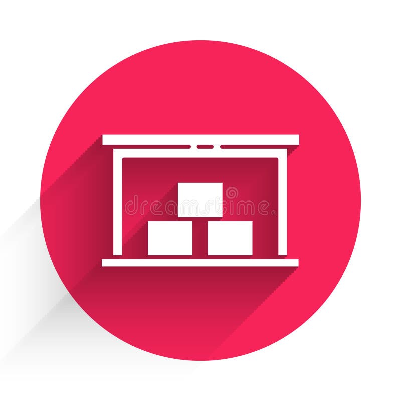 White Warehouse Icon Isolated with Long Shadow. Red Circle Button Stock ...