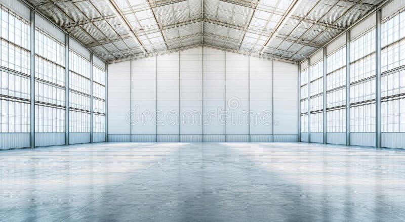 A White Warehouse Interior with Open Doors and a Blank Wall Stock ...