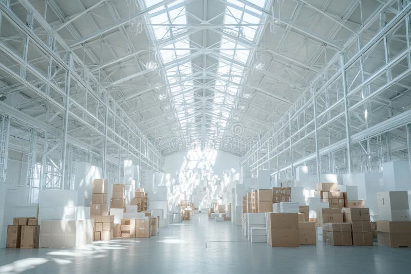 White Warehouse Interior with Stacked Boxes Sunlight through Skylights ...
